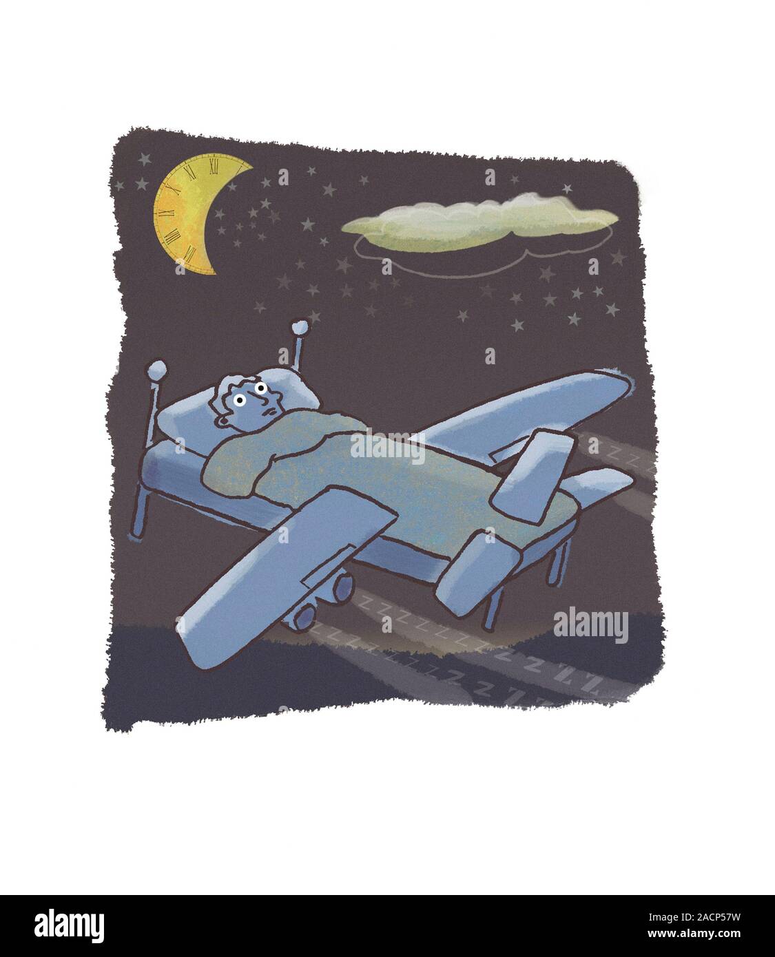 In-flight sleep. Conceptual artwork of an open-eyed man attempting to ...