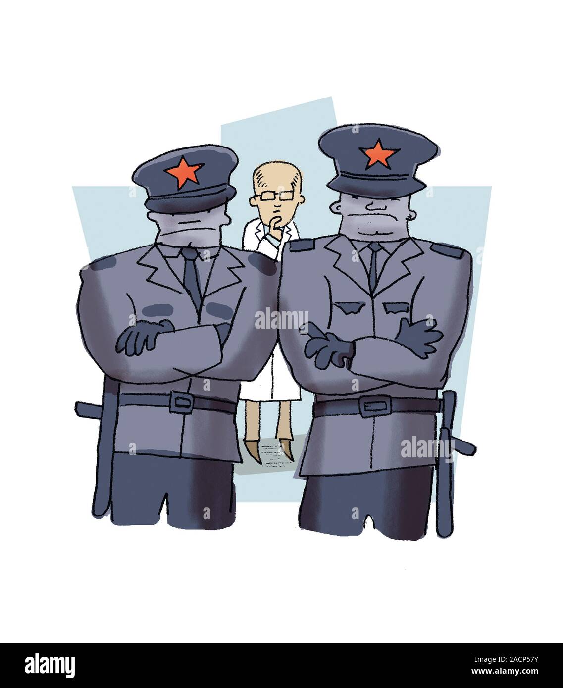State-controlled science. Artwork of two state security guards and a ...
