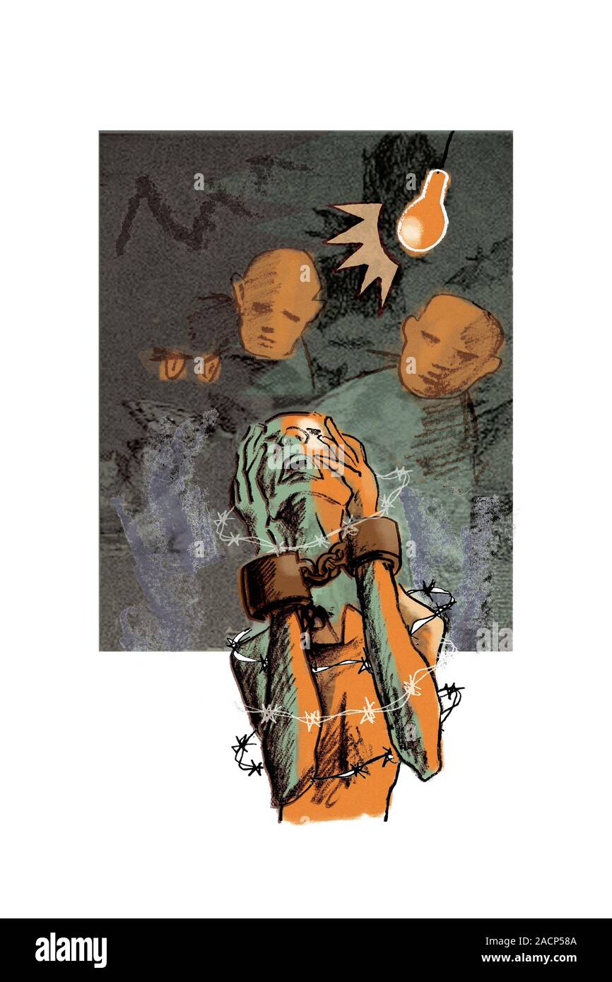 Torture interrogation. Artwork of a manacled prisoner, wrapped in ...