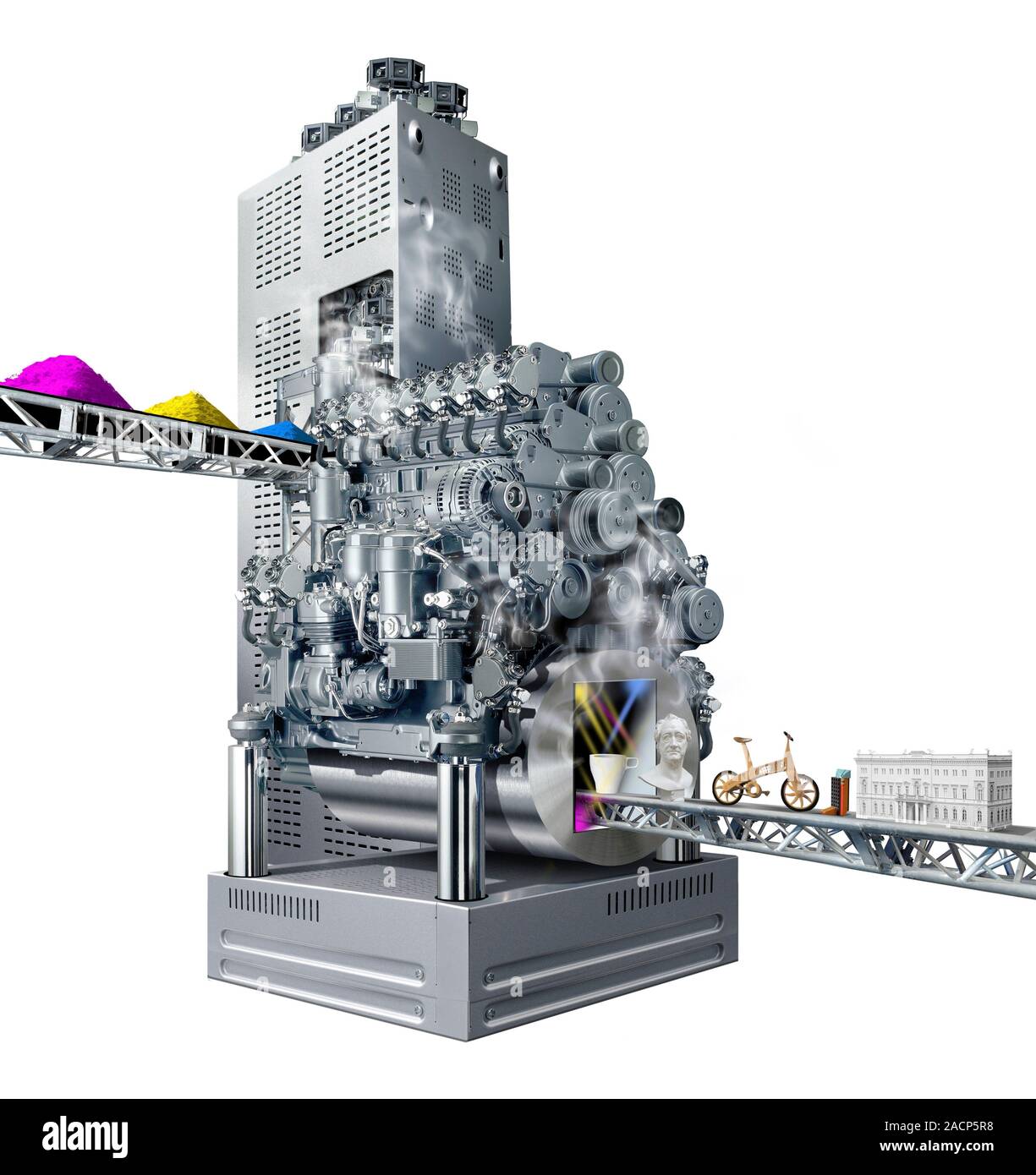 3D printer, conceptual artwork. Raw materials and pigments are entering ...