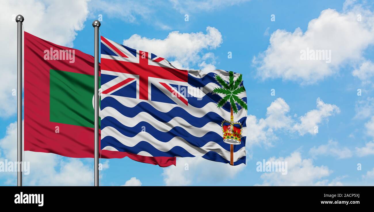 Maldives and British Indian Ocean Territory flag waving in the wind ...
