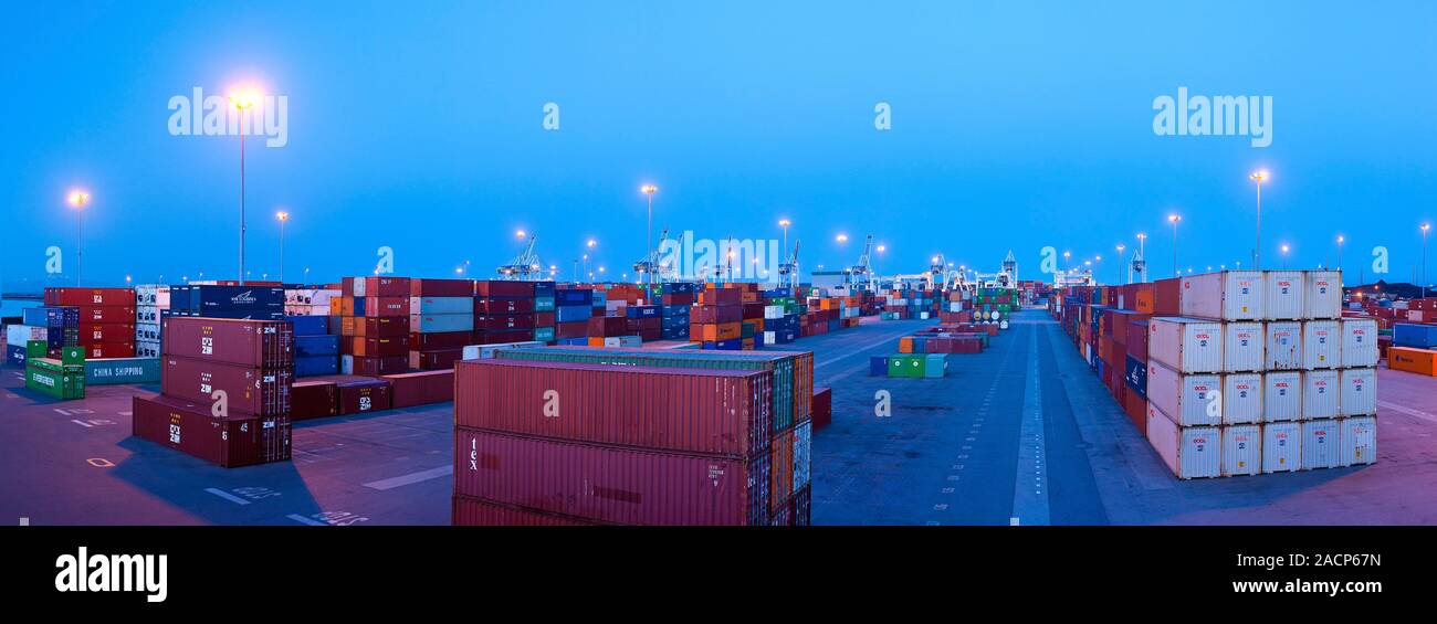 Container port. Rows of containers at a container port, with the ...