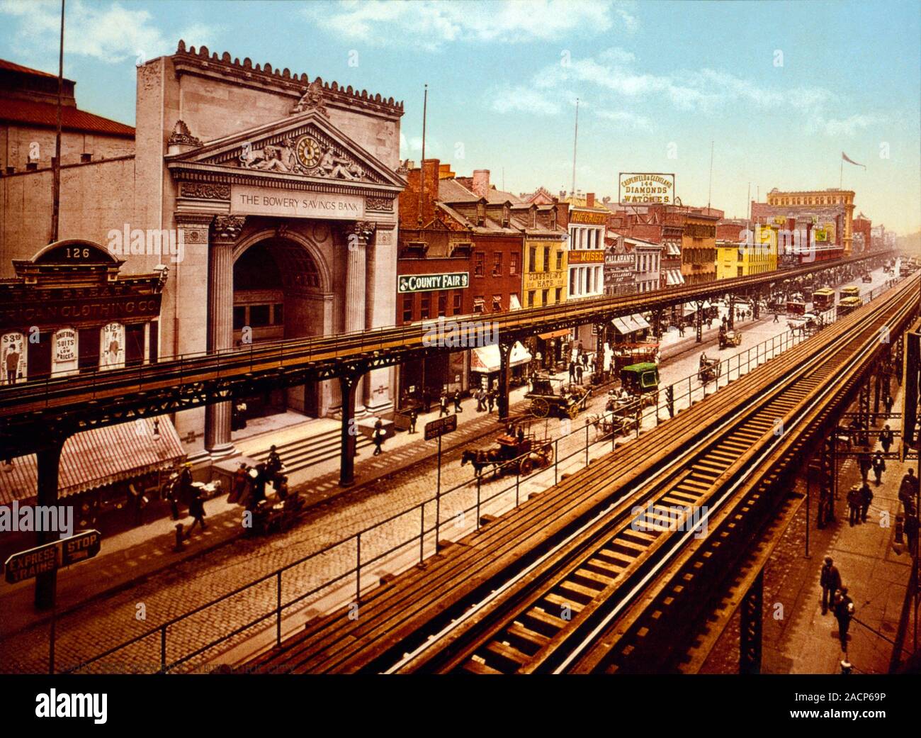 Elevated railway. View of the IRT Third Avenue Line at the Bowery, New ...