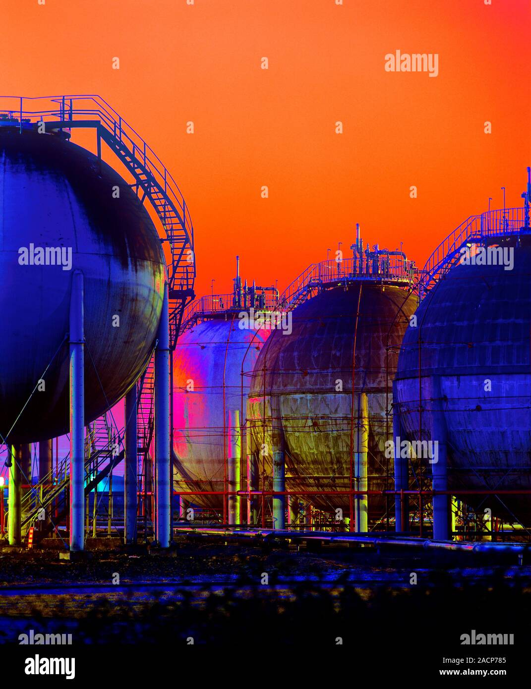 Gas storage tanks, coloured image. Photographed at Partington ...
