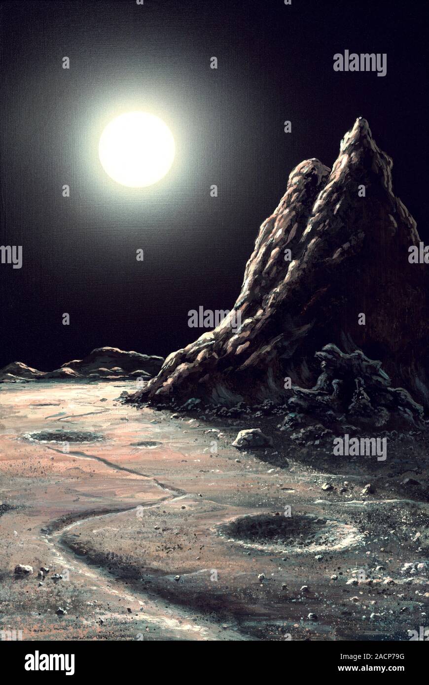 Surface of Mercury. Artwork of the Sun over rocky outcrops on the ...