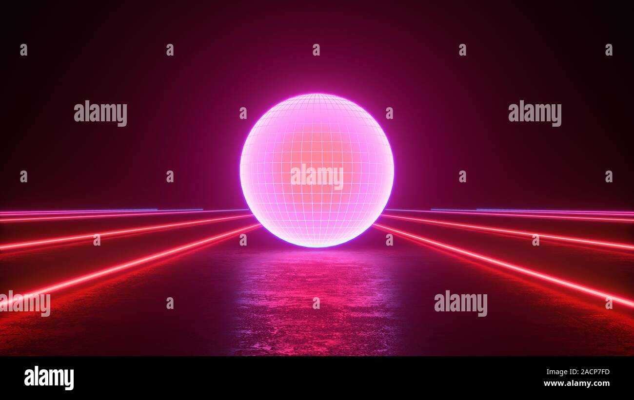 Glowing red neon sphere with white grid lines on dark with reflections ...