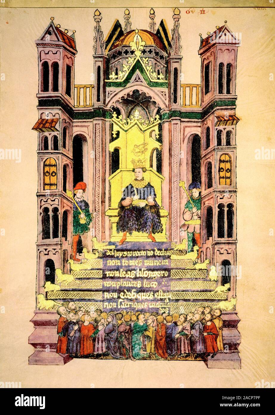 King Solomon's throne. Illuminated manuscript miniature from the 15th ...