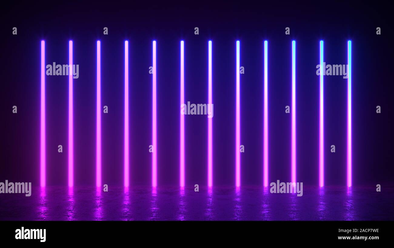 3d render illustration of glowing vertical lines, neon lights, abstract ...