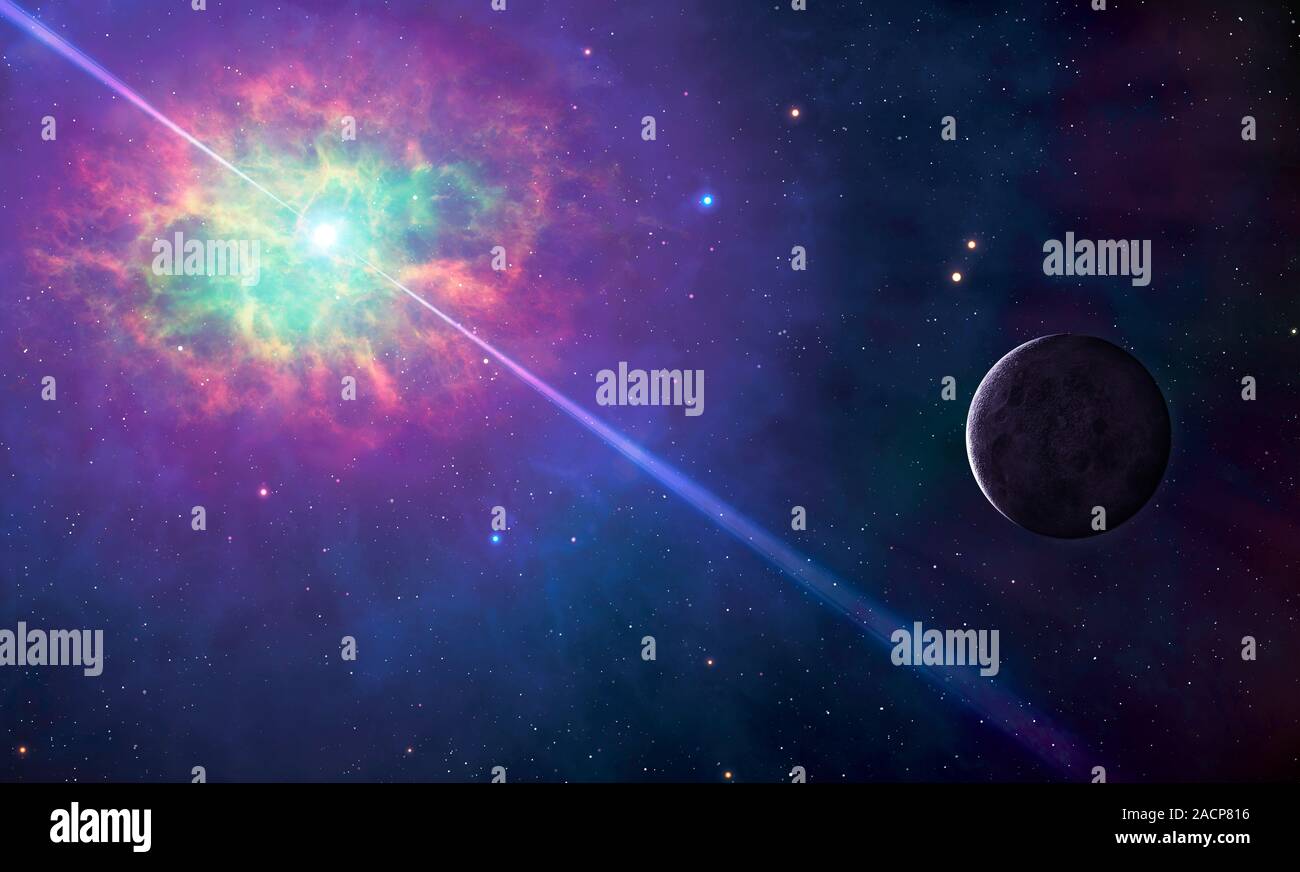 Artwork of a planet orbiting a pulsar. Pulsars are very rapidly ...