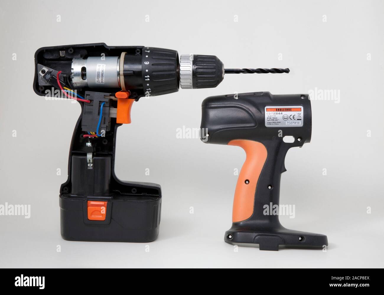 Interior of a cordless drill showing the layout of the major components ...