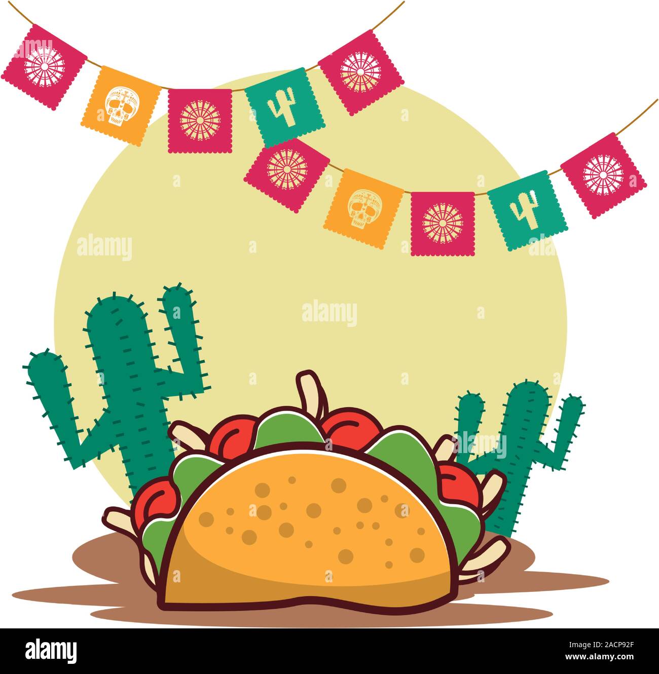 delicious taco mexican food with cactus and garlands Stock Vector Image ...