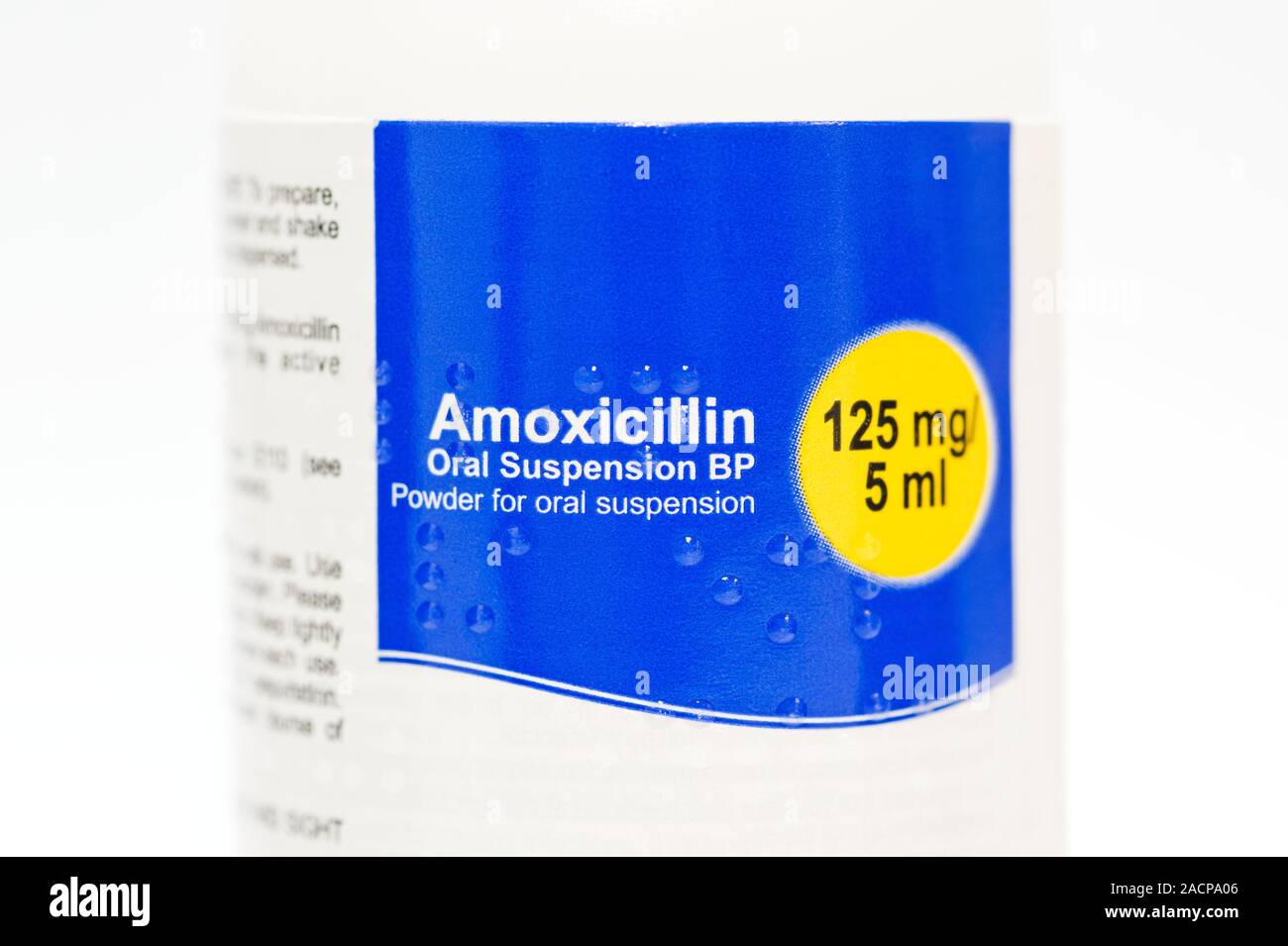 Amoxicillin antibiotic powder. Close-up of a bottle containing ...