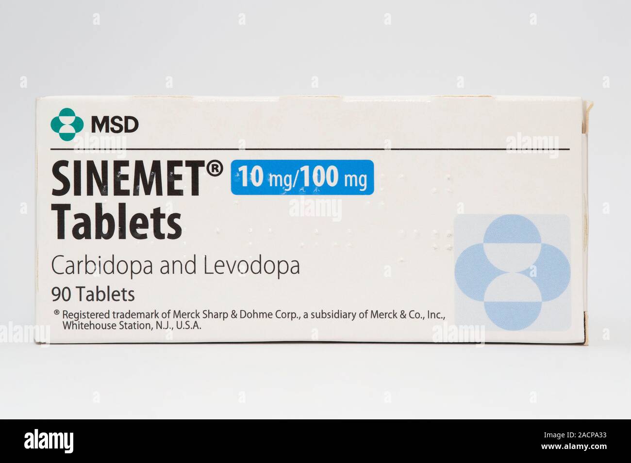 Parkinson's drug. Box containing tablets of the drug Sinemet, which is ...