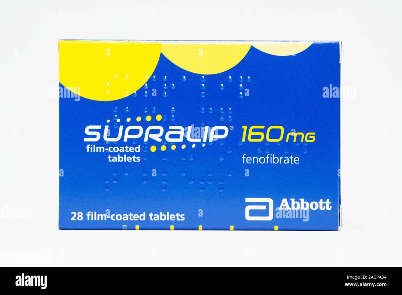 Fenofibrate cholesterol drug. Box containing tablets of the drug ...