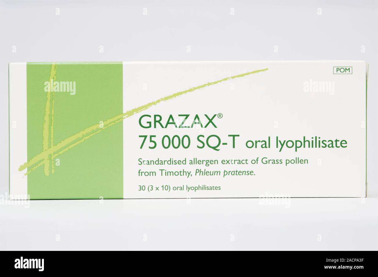 Grazax immunotherapy drug. Box containing timothy grass (Phleum ...