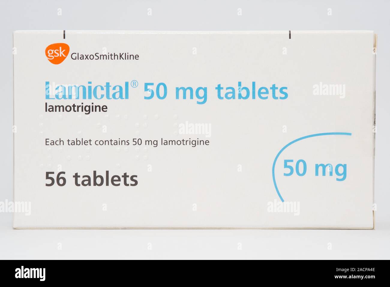 Lamotrigine anti-epilepsy drug. Box containing tablets of the anti ...
