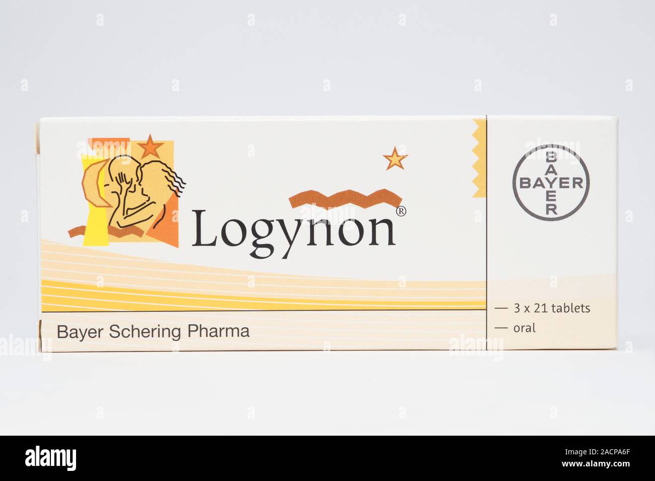 Logynon contraceptive pill. Box containing tablets of Logynon, for use ...
