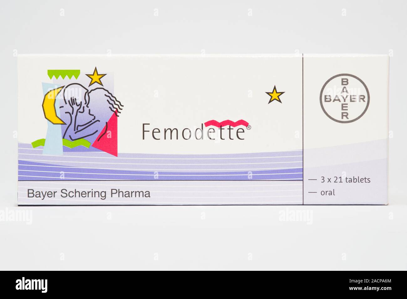 Femodette contraceptive pill. Box containing tablets of Femodette, for ...