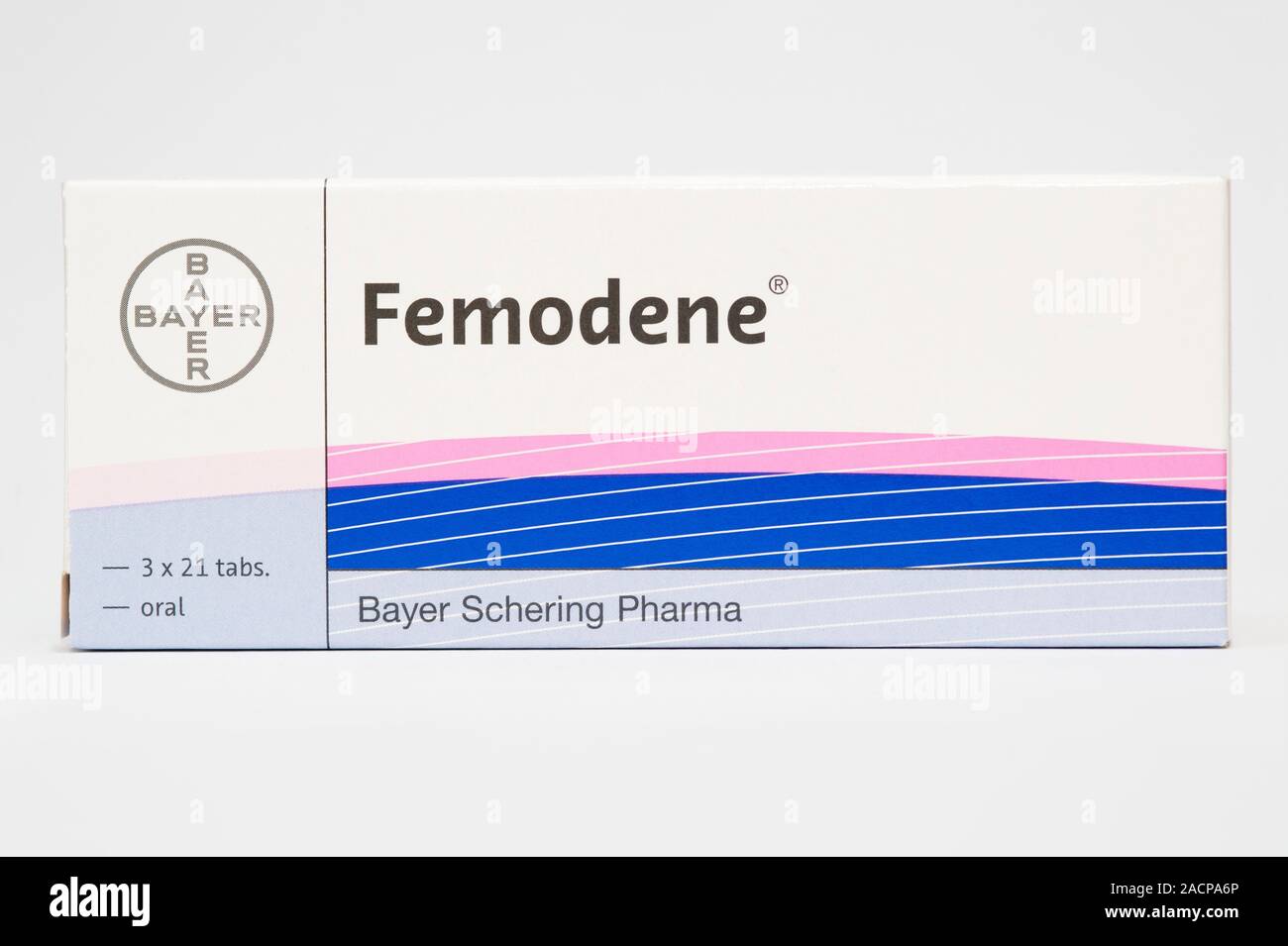 Femodene contraceptive pill. Box containing tablets of Femodene, for ...