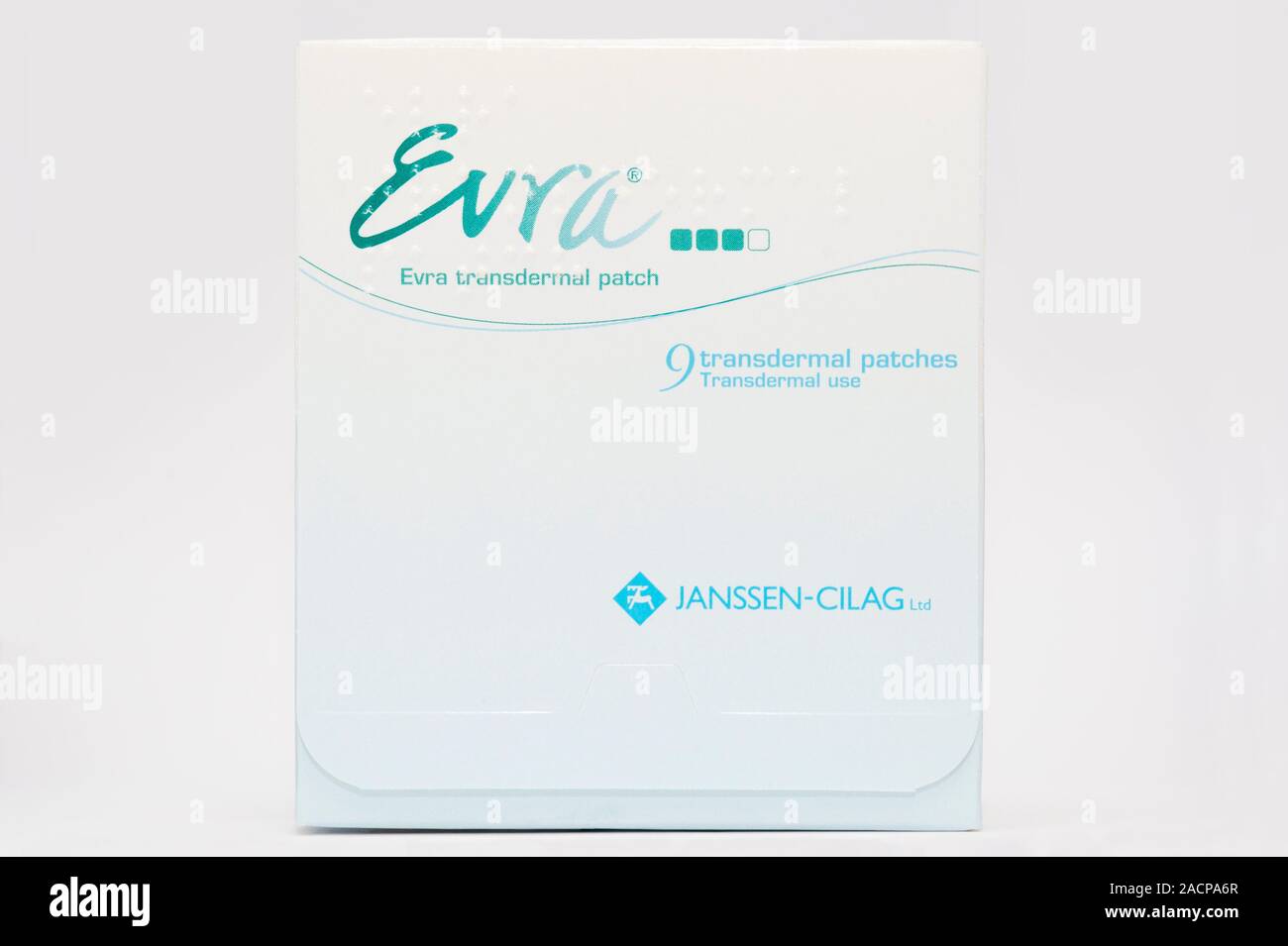 Evra contraceptive patches. Box containing transdermal patches of the ...