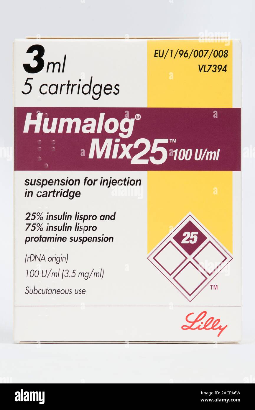 Humalog insulin cartridges. Box containing cartridges of biphasic ...