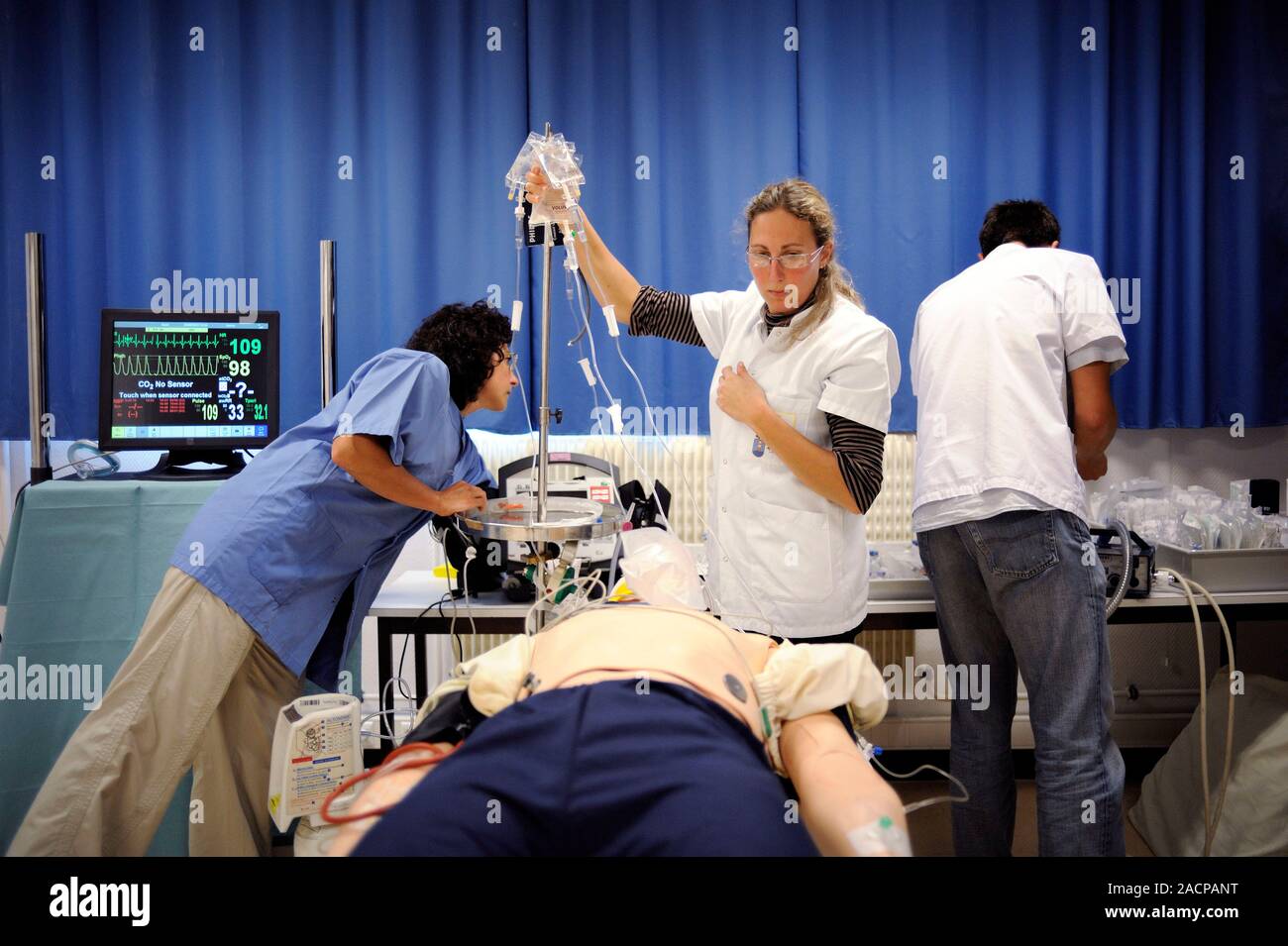 Hospital emergency care simulation. Medical personnel at a hospital ...