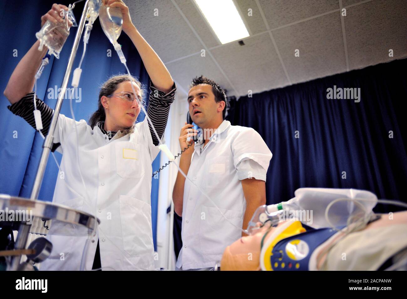 Hospital emergency care simulation. Medical personnel at a hospital ...