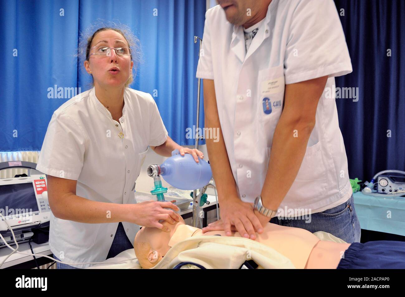 Hospital emergency care simulation. Medical personnel at a hospital ...