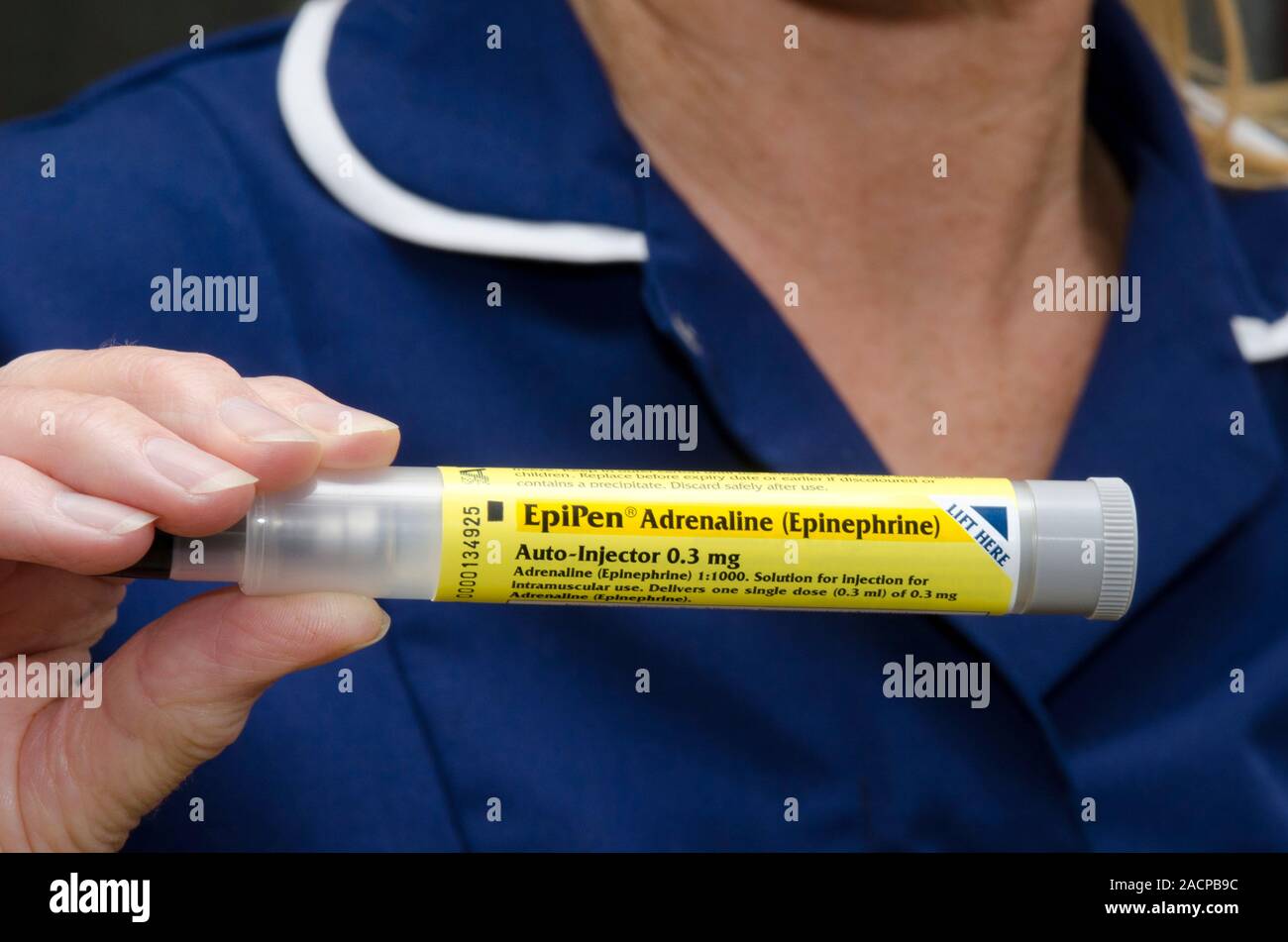 EpiPen adrenaline syringe (auto-injector) carried and used by a patient ...