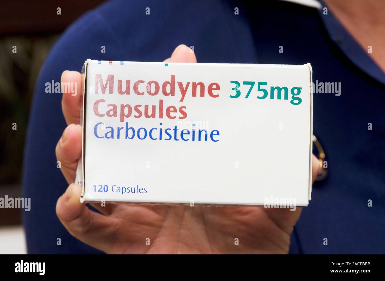 Pack of Mucodyne (Carbocisteine) capsules, a mucolytic drug used to ...