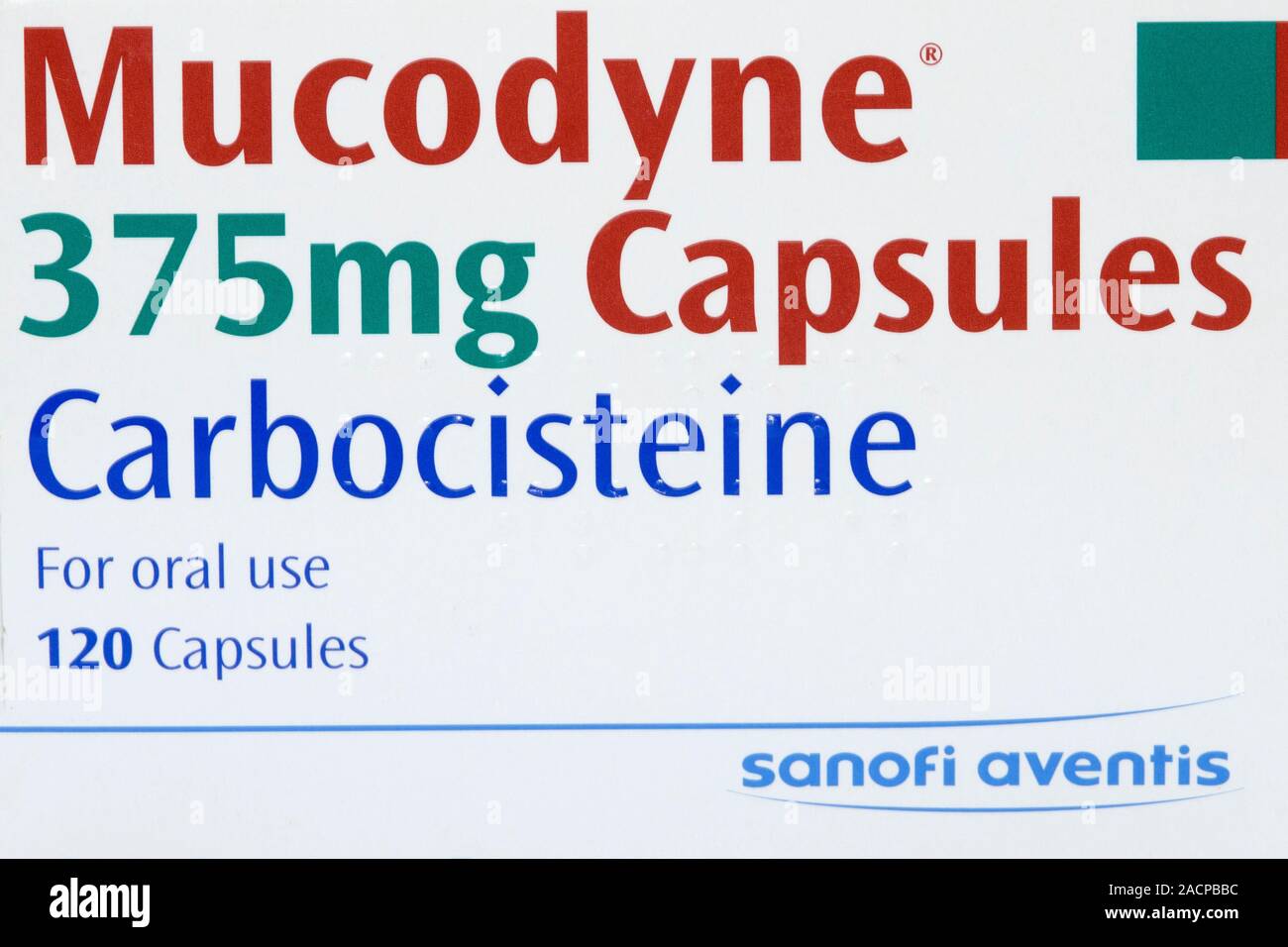 Pack of Mucodyne (Carbocisteine) capsules, a mucolytic drug used to ...