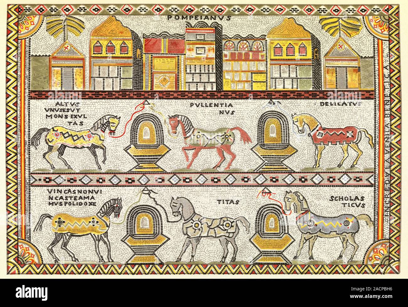 Roman stables from Pompeii. 19th-century colour lithograph of a mosaic ...