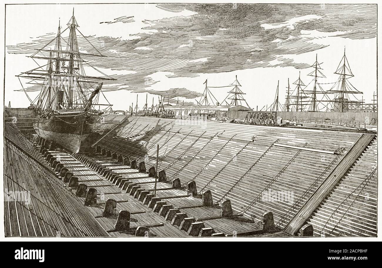 Dry dock, New York. 19th-century artwork of the dry dock at the Erie ...