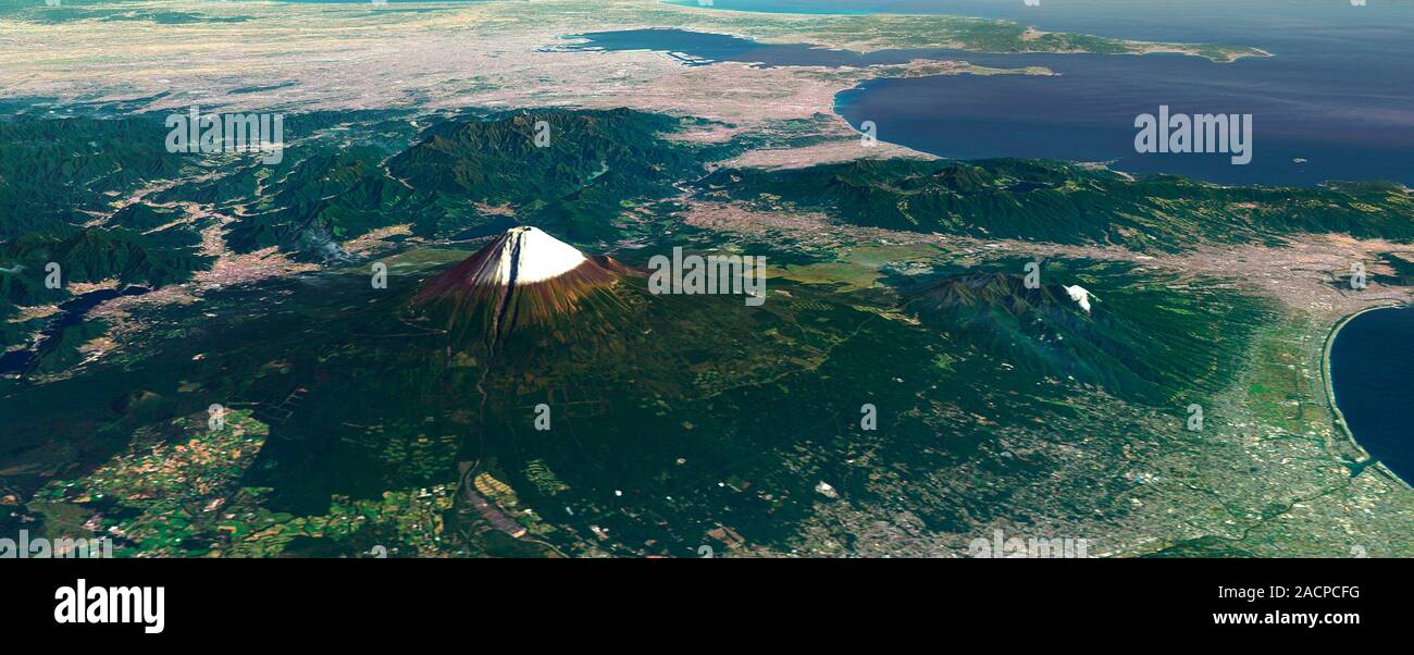Mount Fuji. Simulated 3D high-altitude panoramic view of Mount Fuji ...