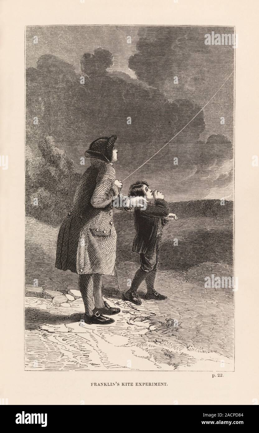 Franklin's lightning experiment. Historical artwork of the US scientist ...