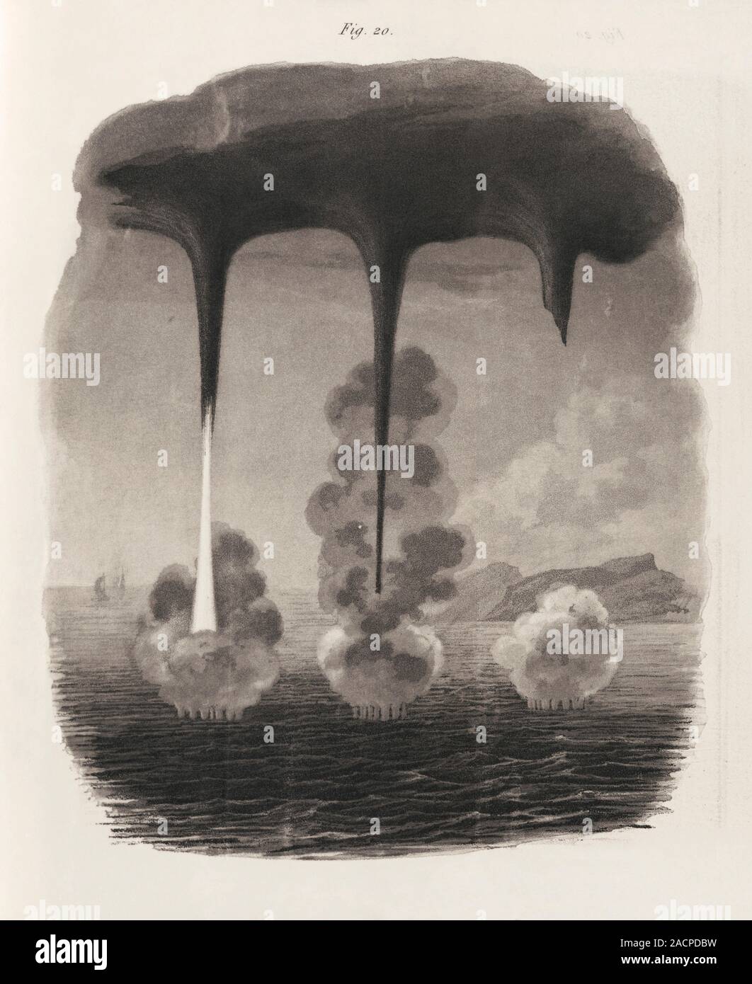 Waterspout formation. 19th-century artwork showing three phases of a ...
