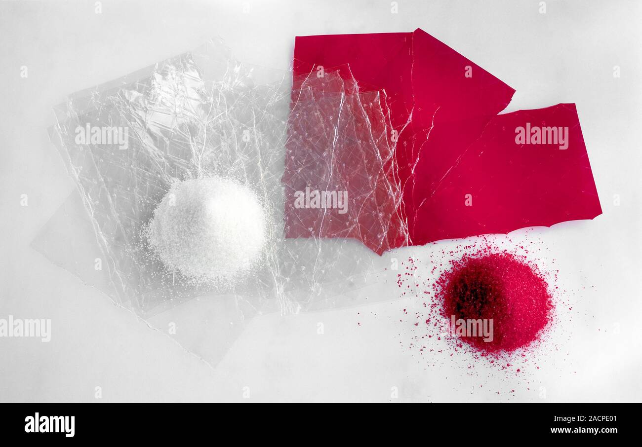 Gelatin powder and sheets. Pure gelatin forms clear sheets (left ...