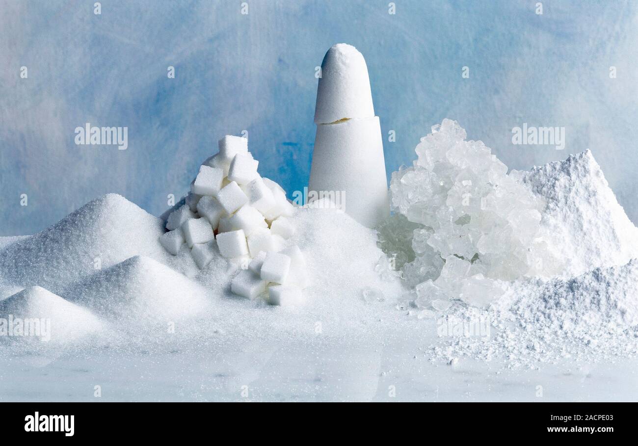 Sugar types. The sugar types arrayed here are granulated sugar (piles ...