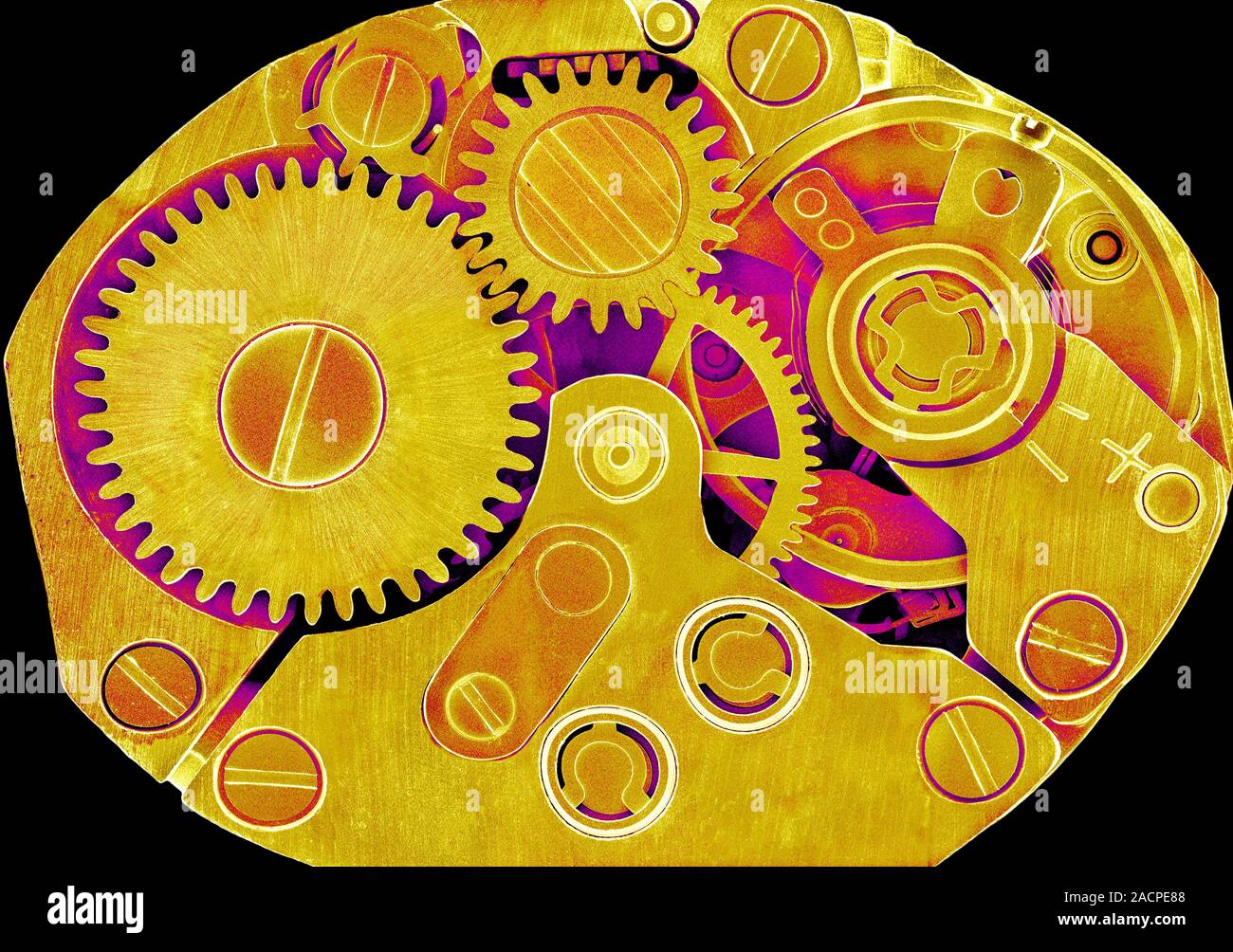 Watch movement, coloured scanning electron micrograph (SEM). The cogs ...