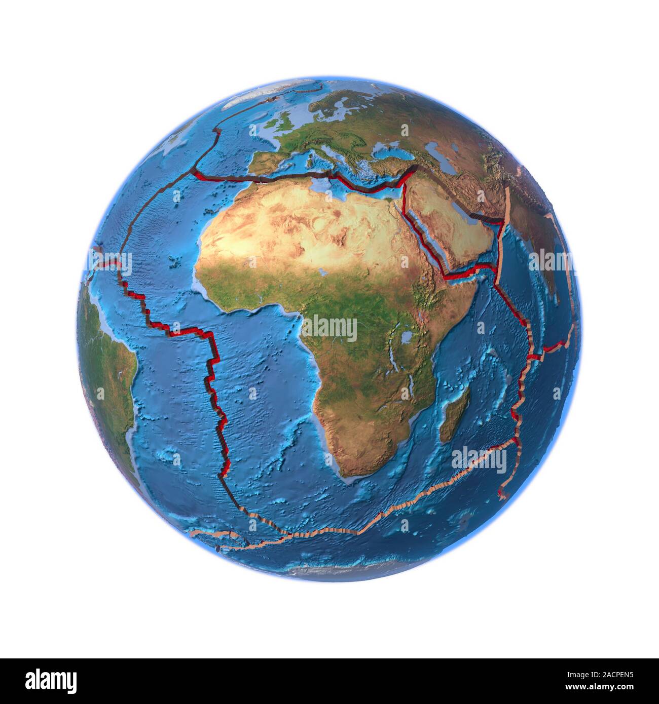 Global tectonics. Satellite-based artwork of an Earth globe centred on ...