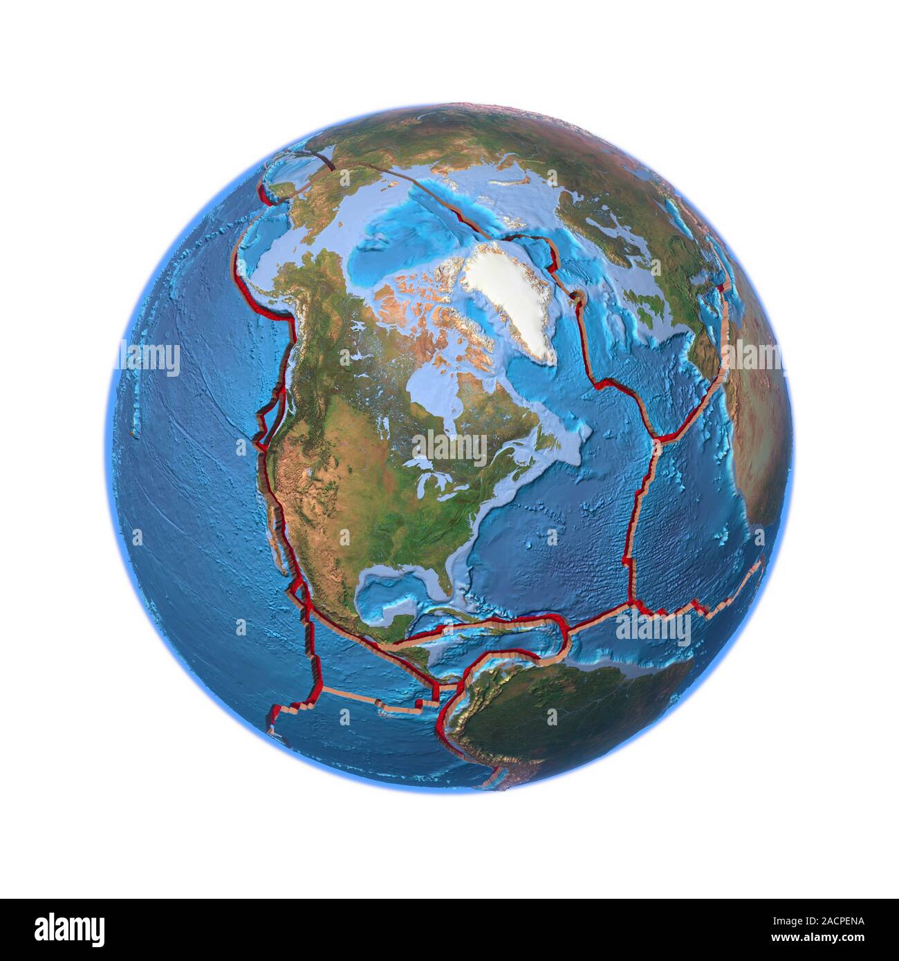 Global tectonics. Satellite-based artwork of an Earth globe centred on ...
