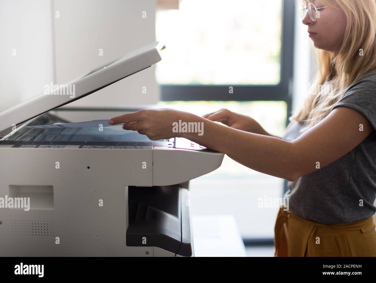 Close-up on the hands of a woman doing photocopies in the office. Woman ...
