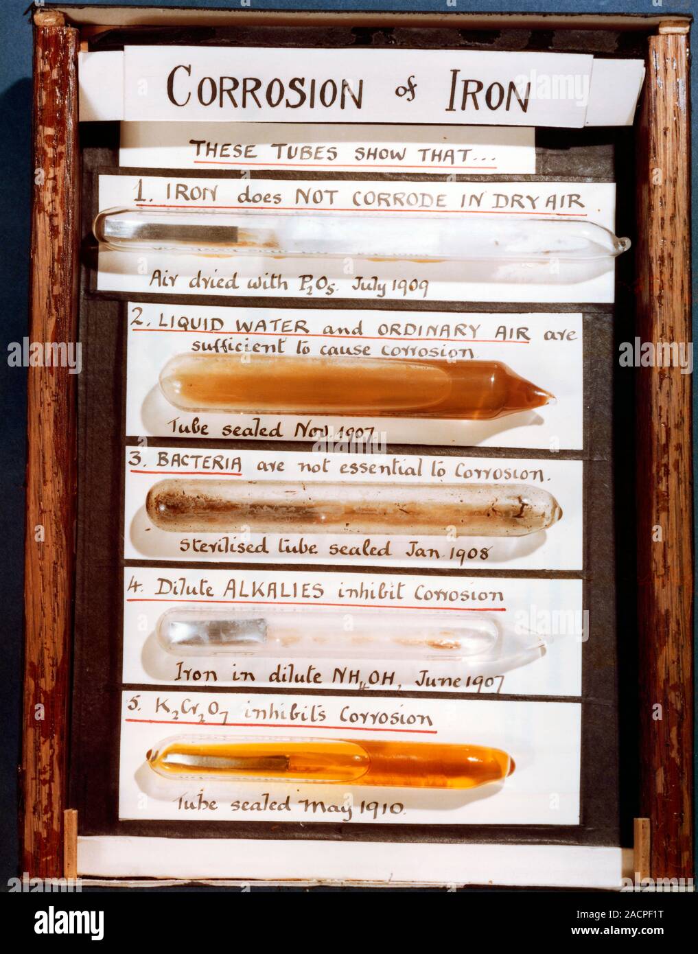Historical iron corrosion samples. Series of glass tubes with 70-year ...