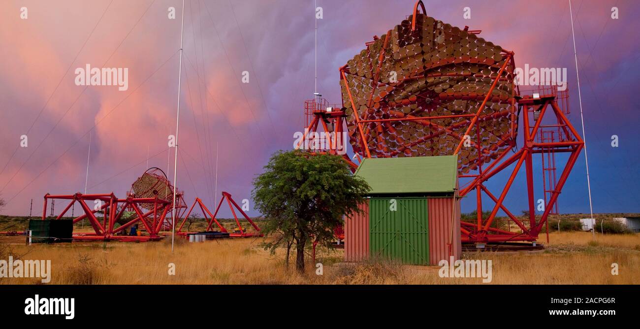 HESS gamma ray telescope. Panoramic image of two of the telescopes in ...