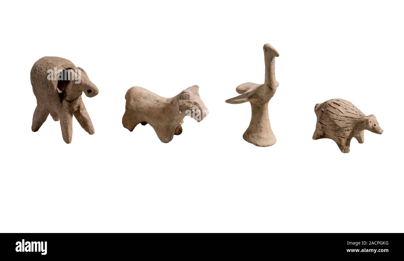 four Terracotta animal figurines 2000 BCE from left to right Donkey ...