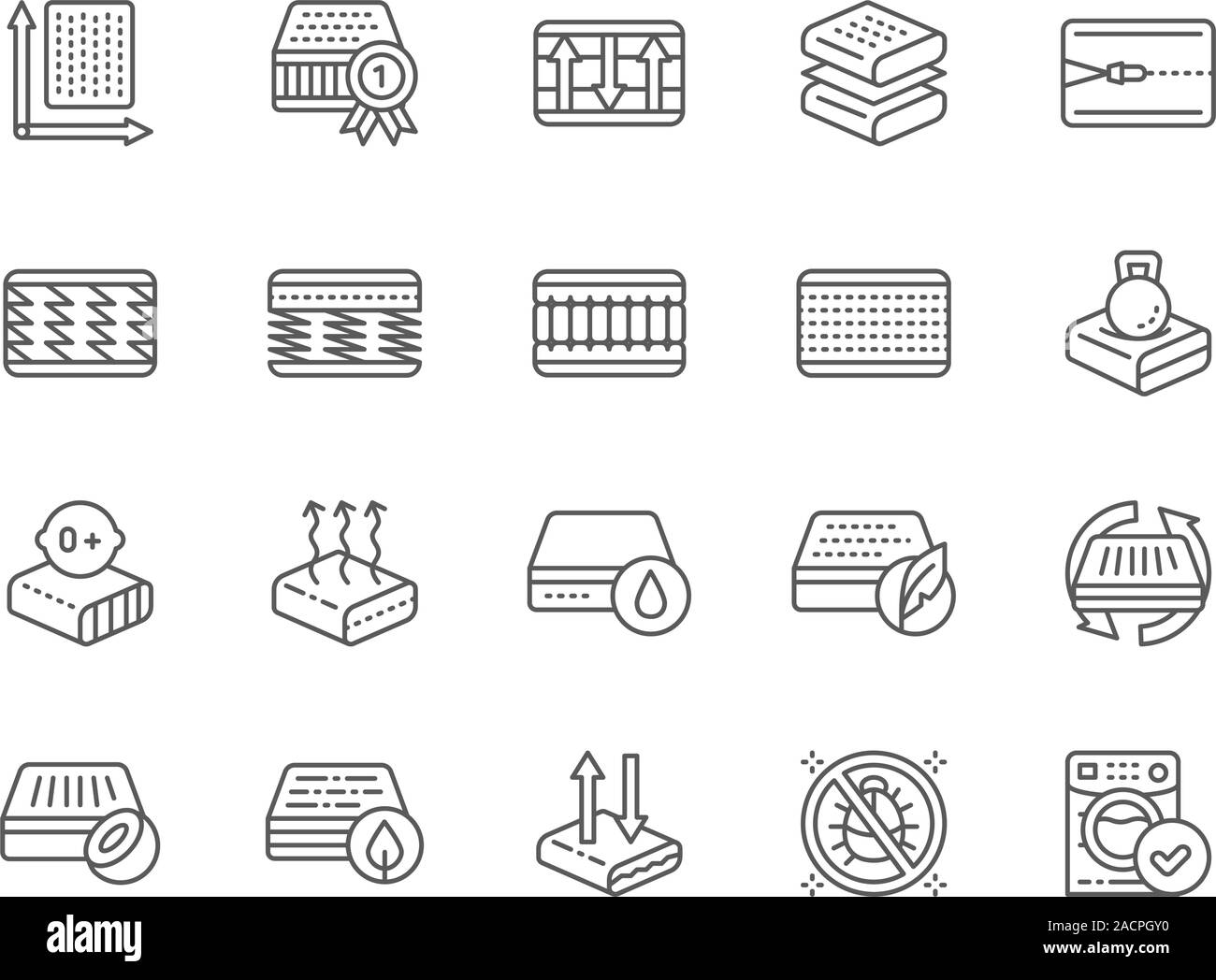 Set of Orthopedic Mattress Line Icons. Elastic Material, Anti Allergic ...