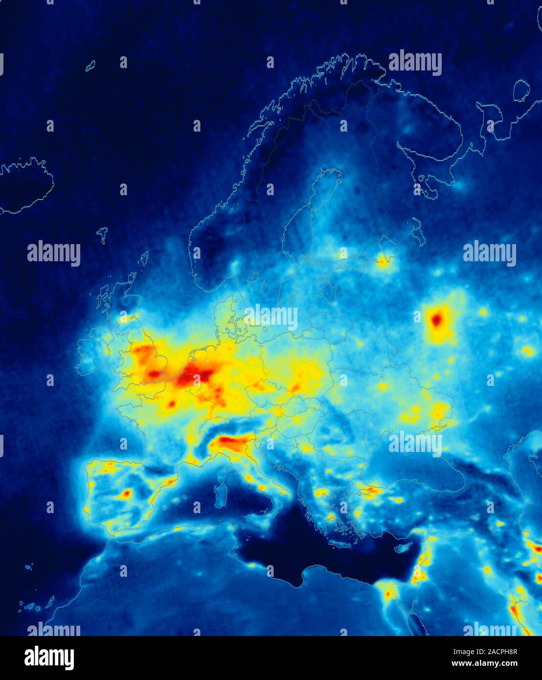 European nitrogen dioxide emissions, 2008. Map of Europe showing ...