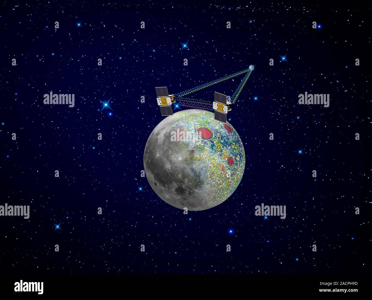 GRAIL spacecraft over the Moon. Computer artwork of NASA's twin GRAIL ...