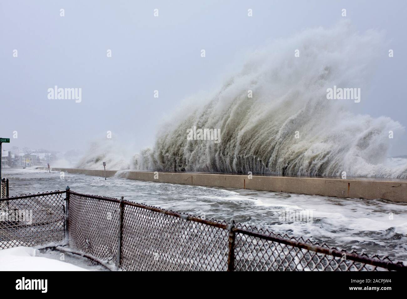 Winter Storm Nemo. Large waves breaking on and flooding the seafront in ...