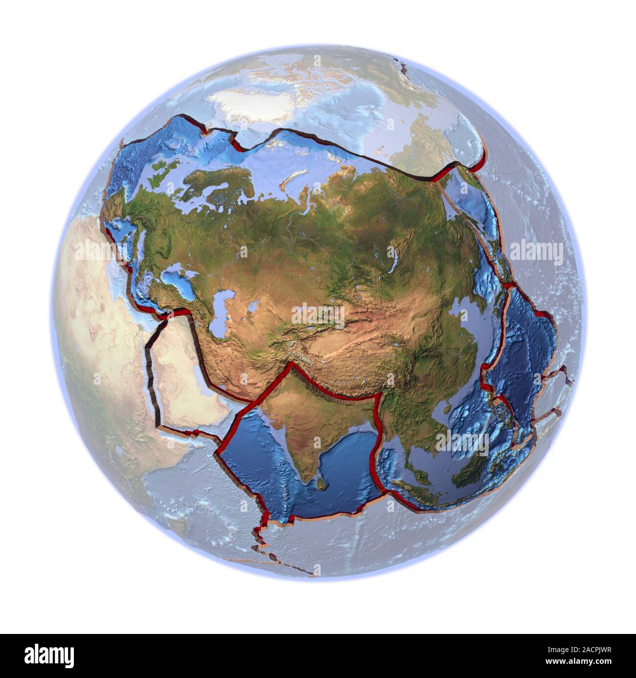 Global tectonics. Satellite-based artwork of an Earth globe centred on ...